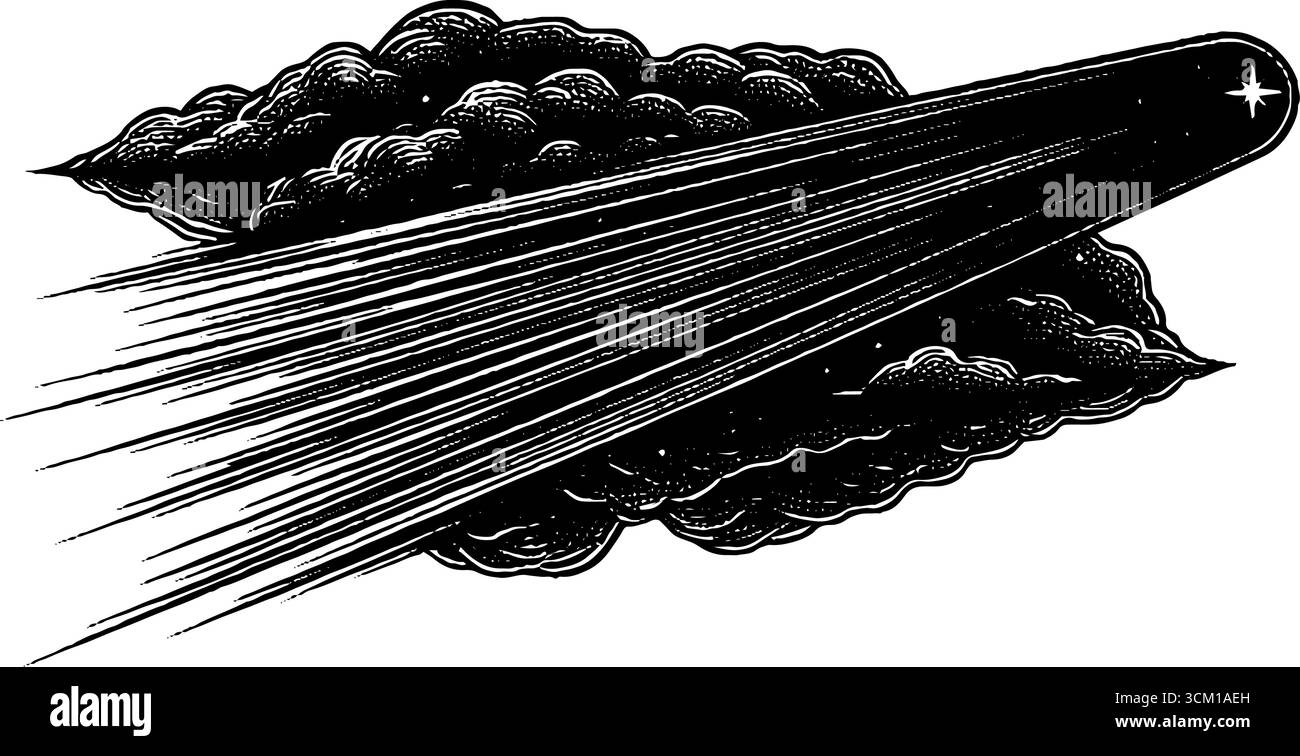 Vintage engraved illustration of comet in night sky with clouds for ...