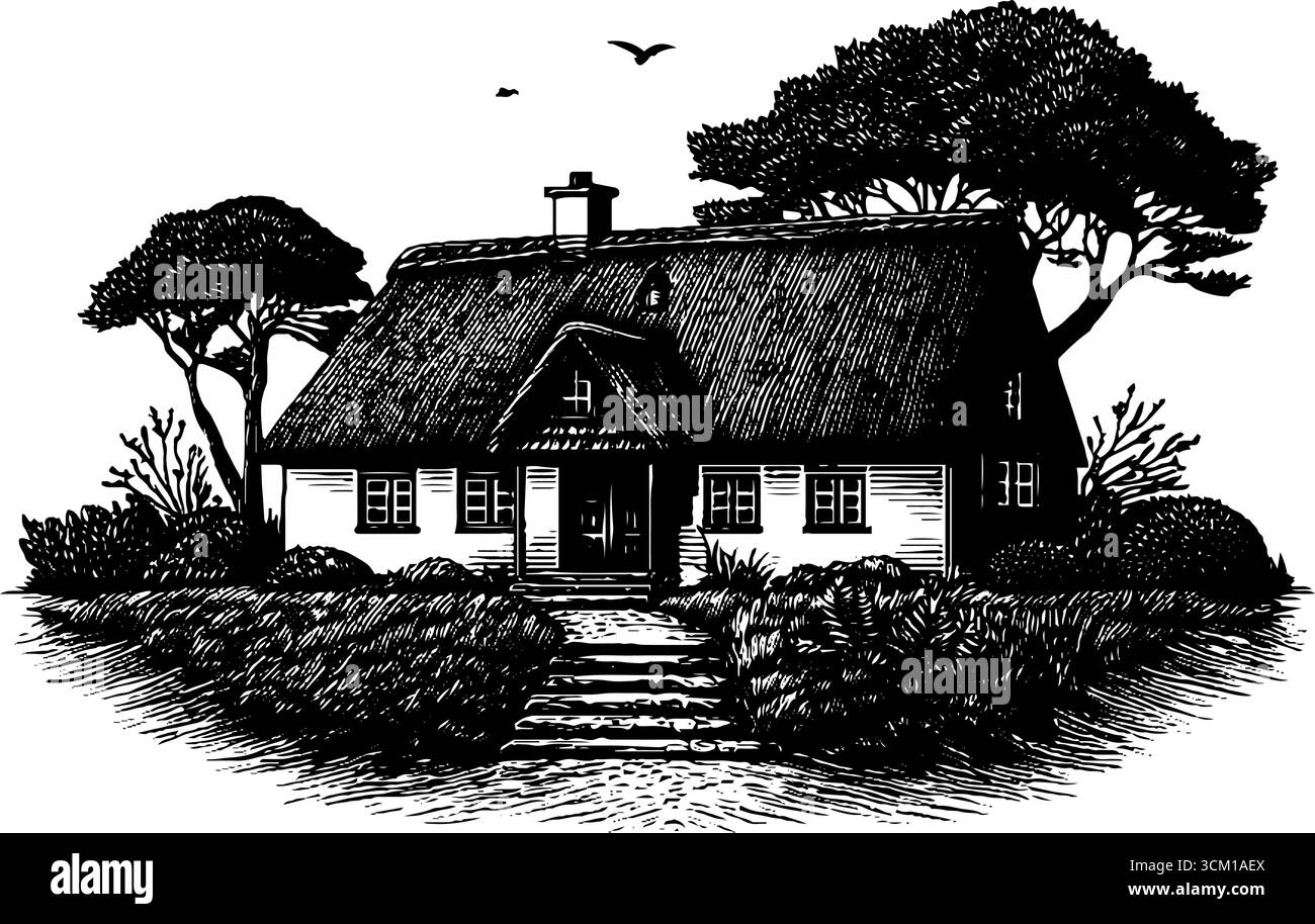 Rustic country cottage with thatched roof - vintage engraved design for ...