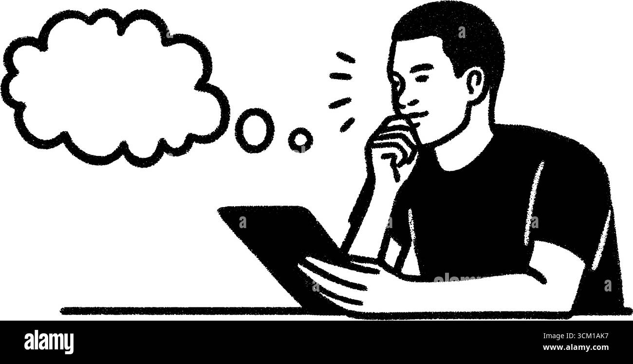 Creative brainstorming on tablet: sketch of thoughtful person with ...