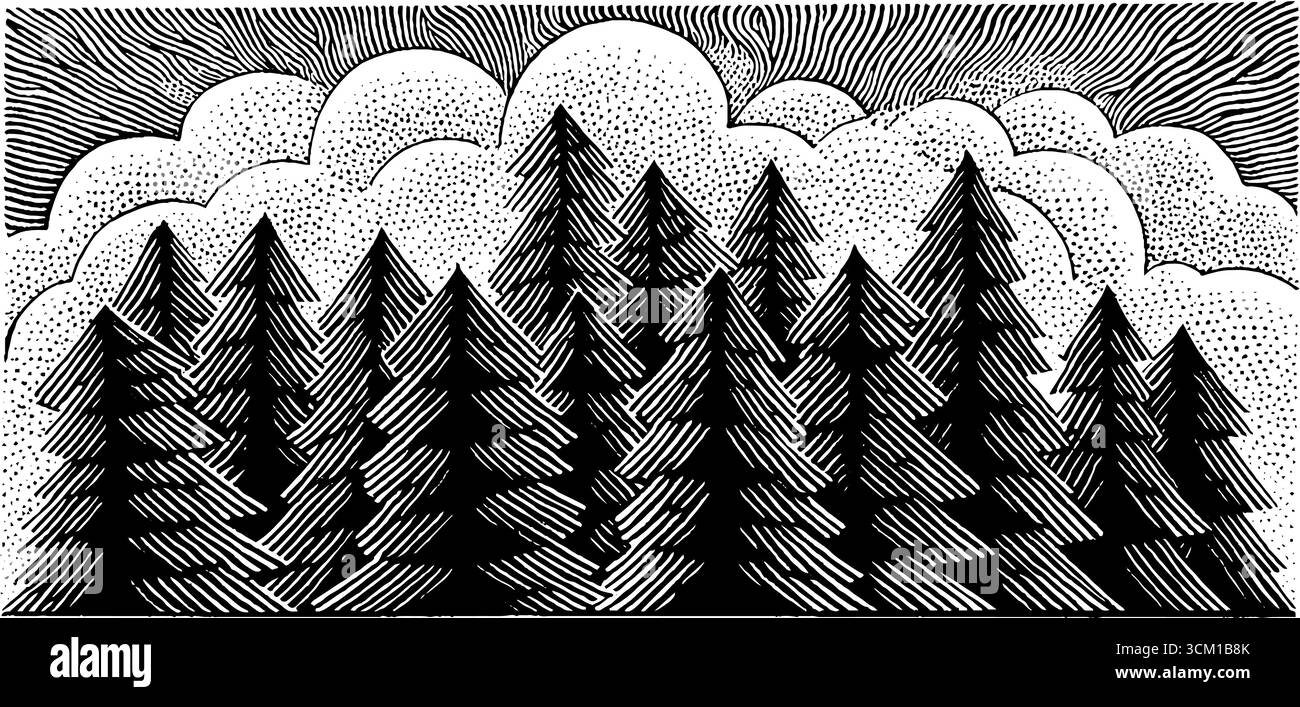 Geometric pine trees in fractal sequence with cloud silhouette for ...