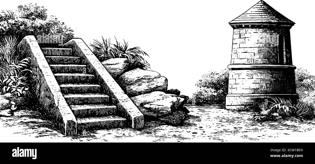 Vintage hand drawn abandoned tower and crumbled staircase illustration ...