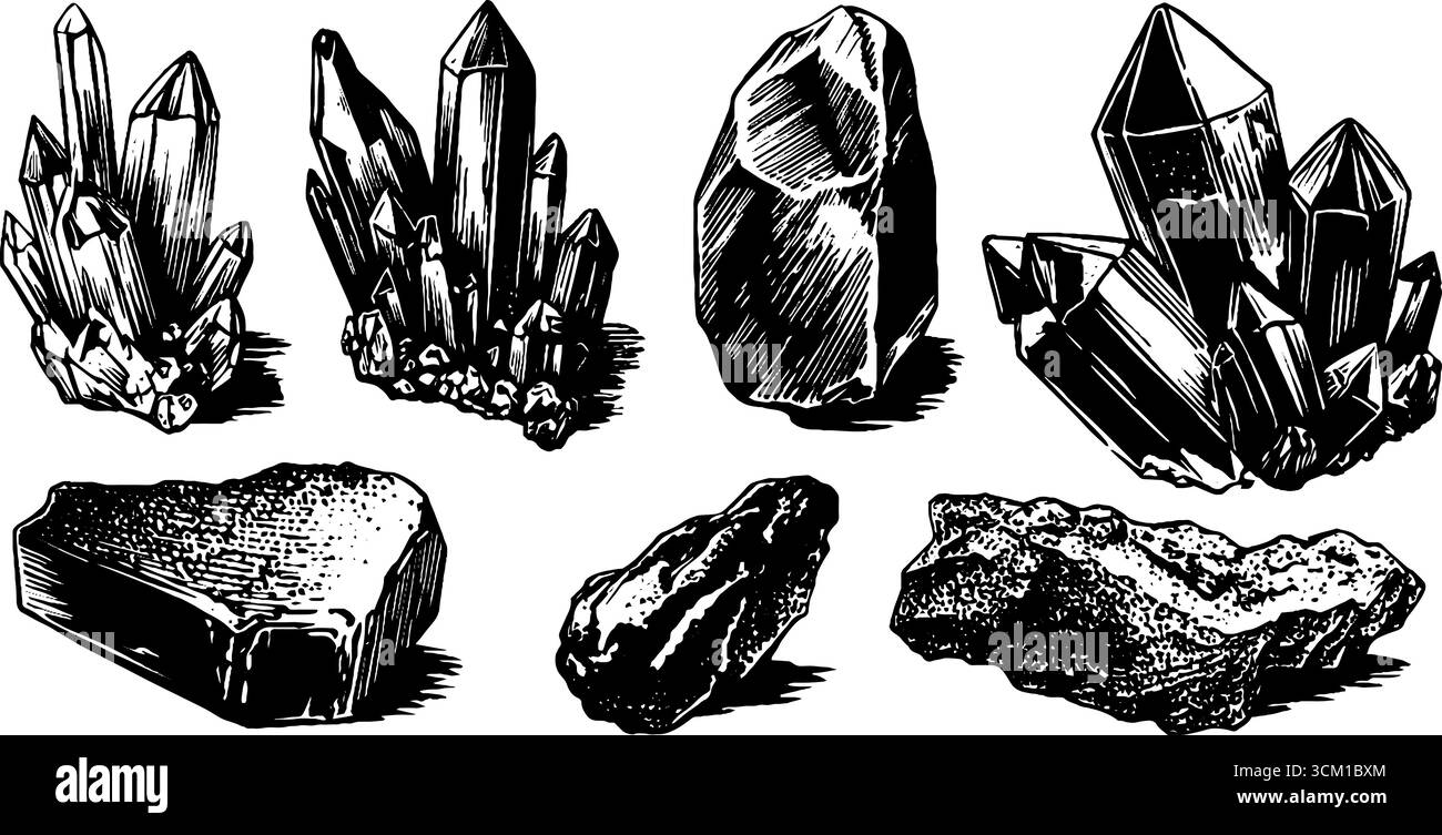 Vintage gemstone collection: hand drawn crystals, quartz shards, and ...
