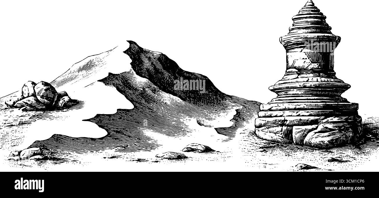 Vintage desert scene with tower and sand-worn statue in retro sketch ...