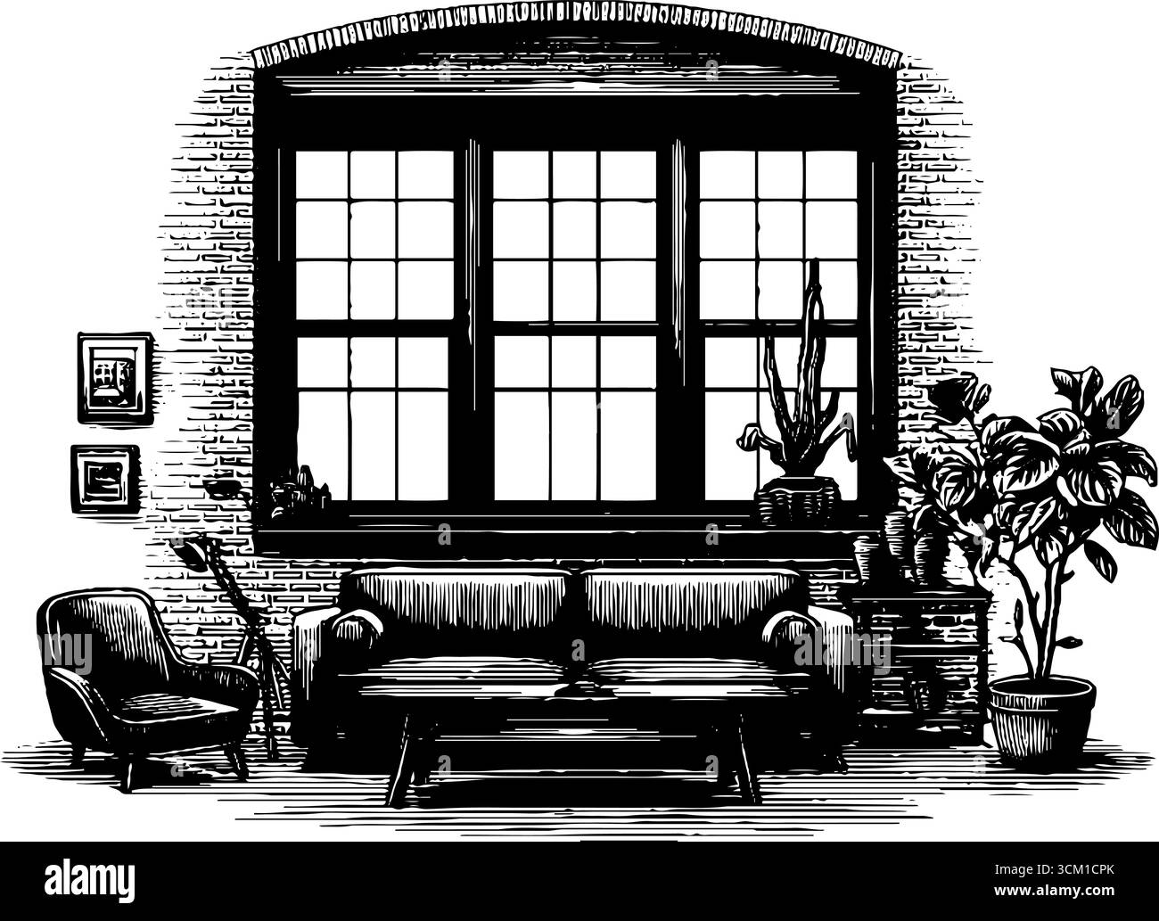 Vintage engraved illustration of industrial loft living room interior ...
