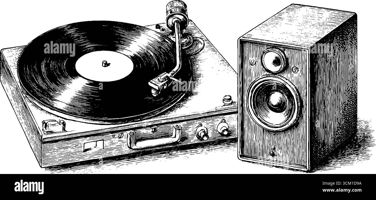 Vintage music playlist scene with hand drawn turntable and mini speaker ...