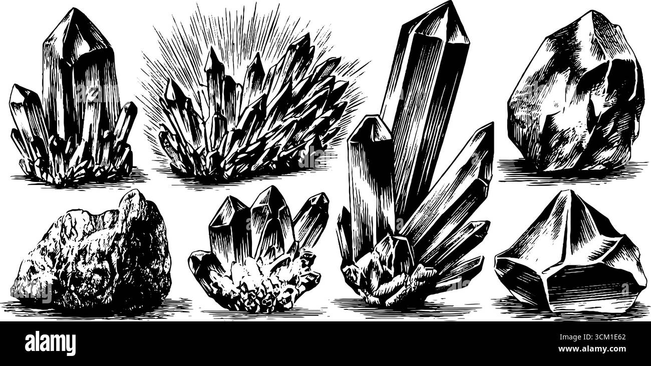 Intricate crystal shapes and jagged clusters sketch for design projects ...