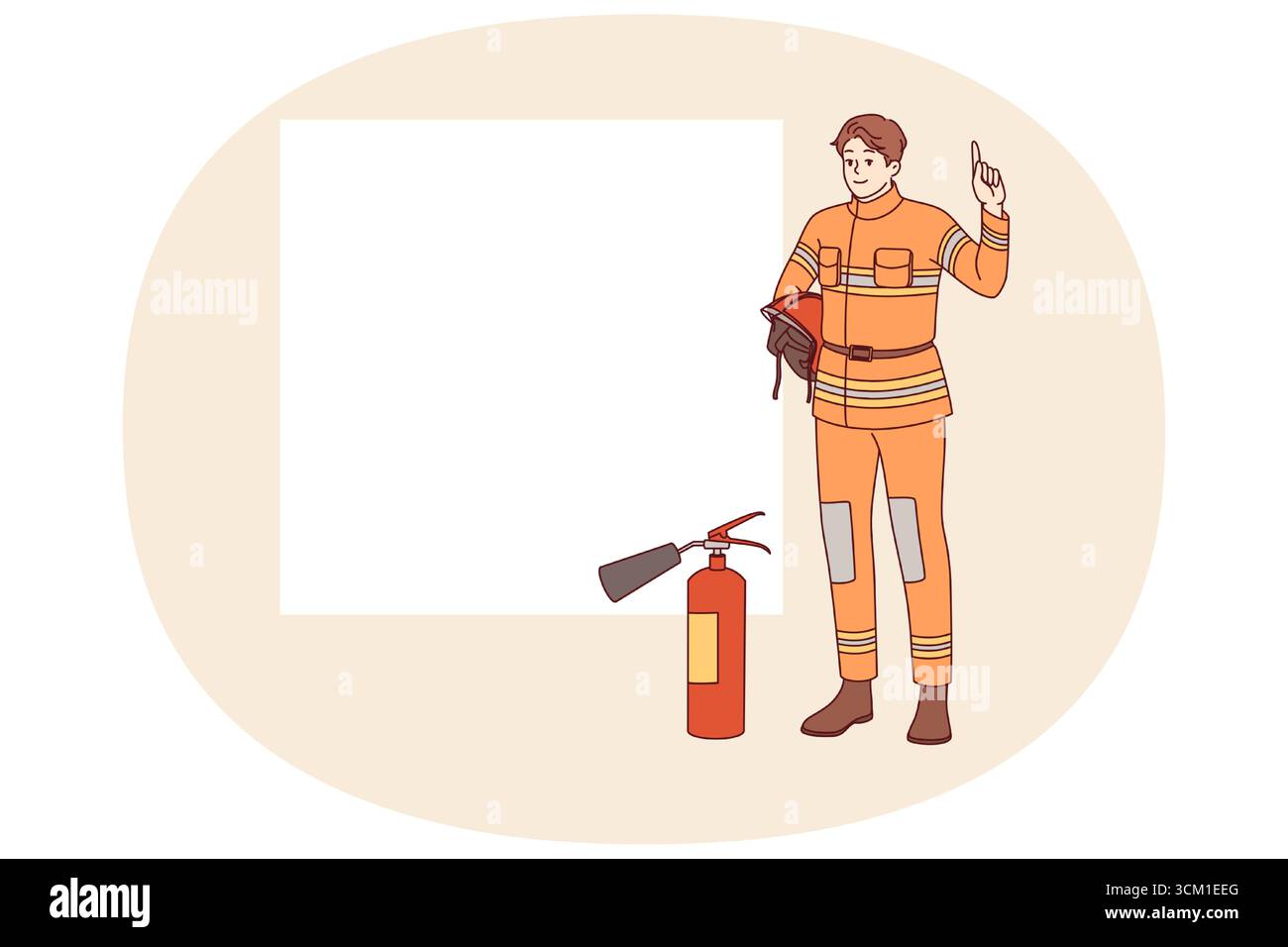 Man firefighter stands near fire extinguisher and copy of space for ...