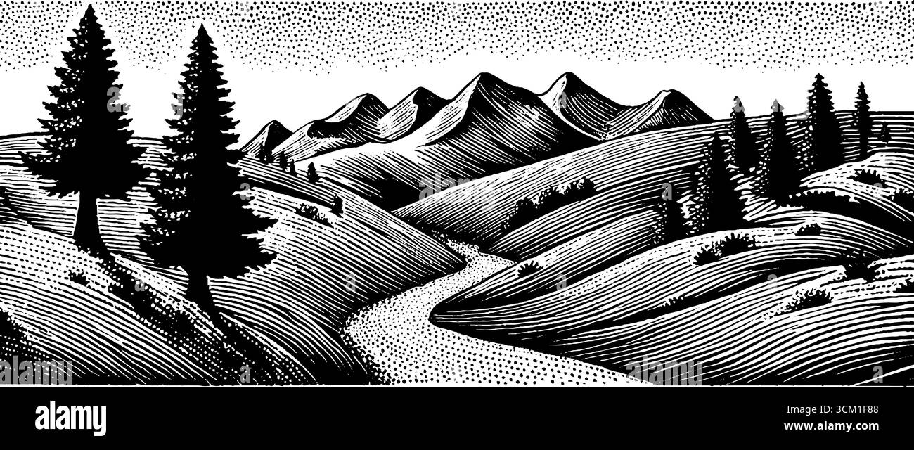 Scorched valley landscape with distant burning trees in black and white ...