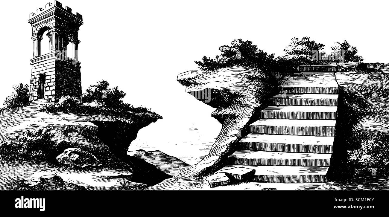 Vintage abandoned tower and crumbled staircase illustration for retro ...