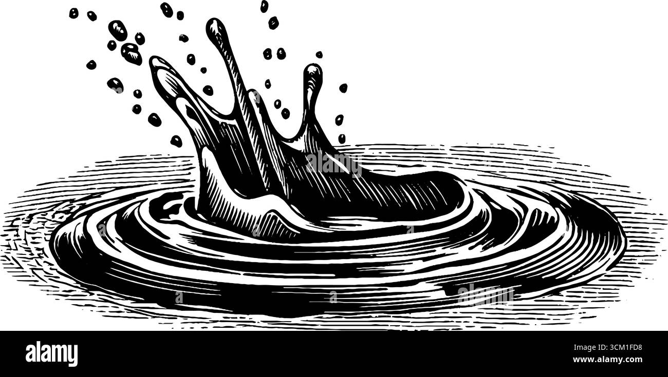Vintage oil spill sketch with slow movement and thick drops in retro ...