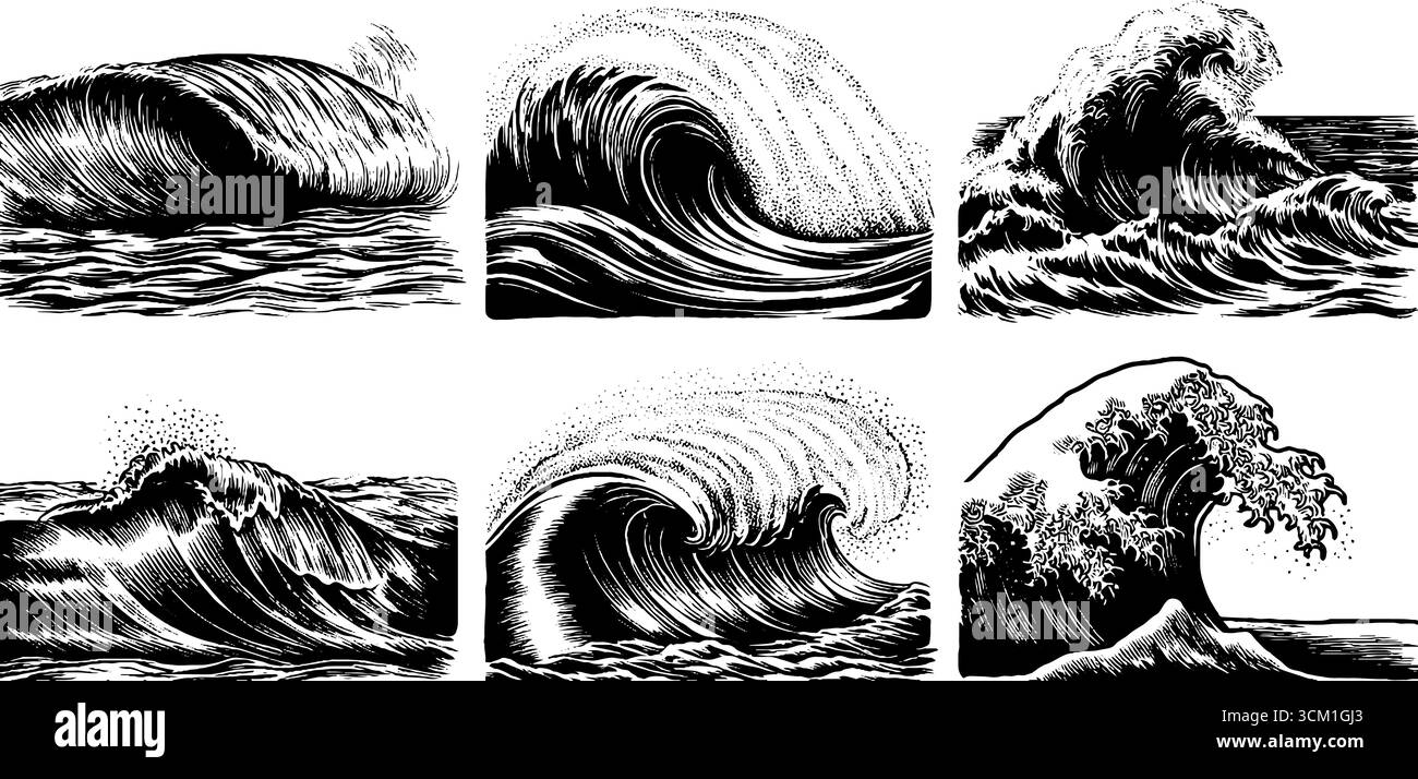 Vintage engraving of tidal waves and powerful tsunamis - retro water ...
