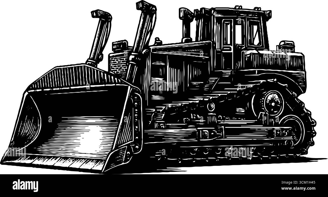 Vintage bulldozer engraving with wide blade for retro design projects ...