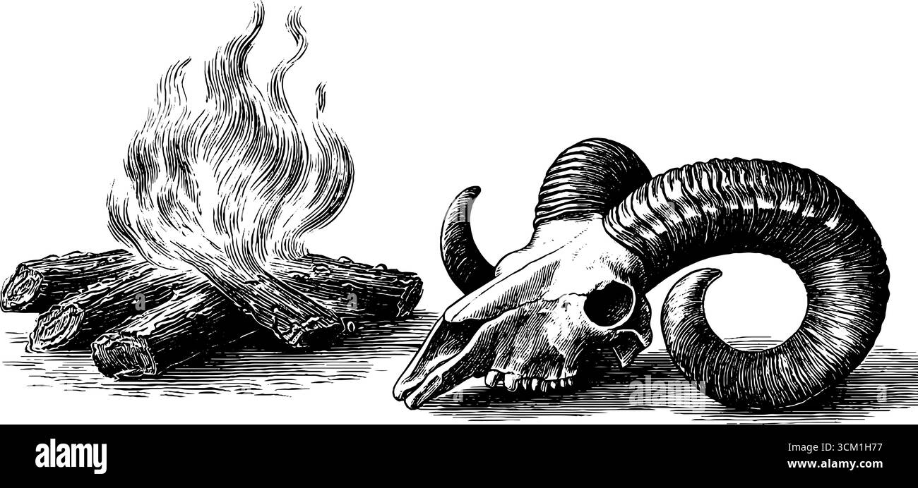 Demonic horned skull and burning sigil engraving - concept art for ...