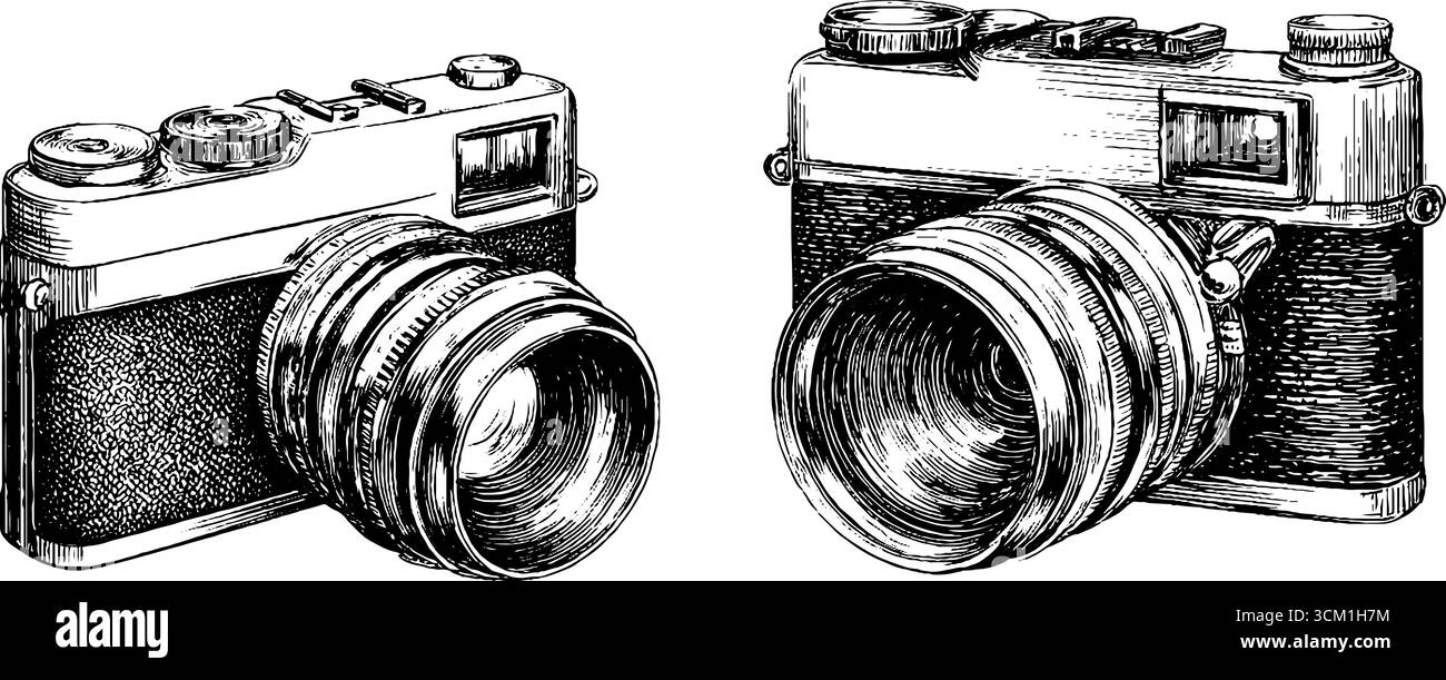 Vintage disposable camera and printed photo engraving - retro design ...