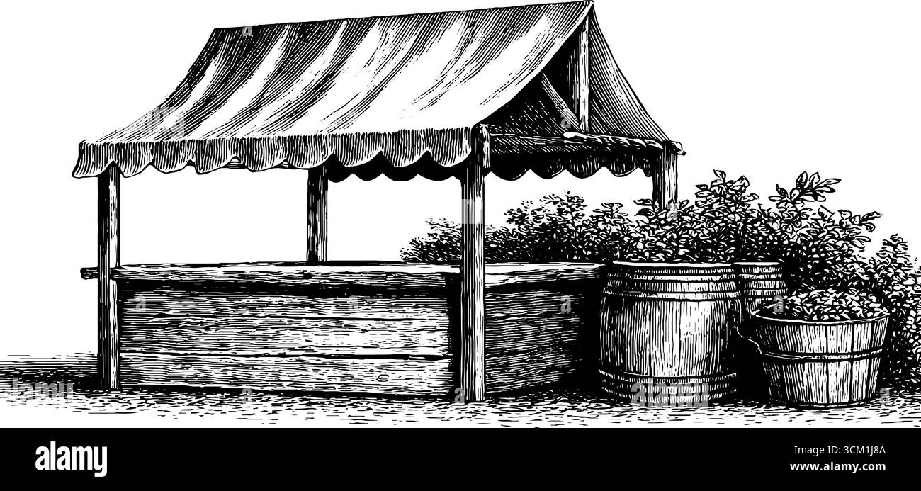 Vintage market stall with wooden signboard and canopy sketch for design ...