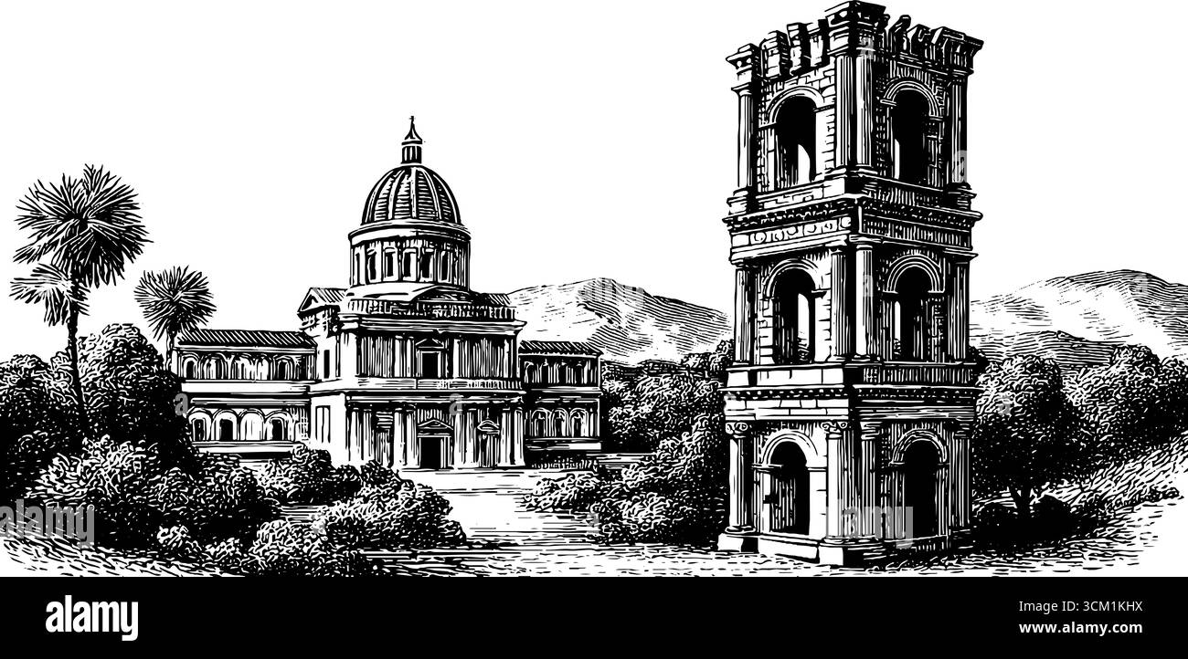 Haunted cathedral and ruined bell tower fantasy design for posters or ...