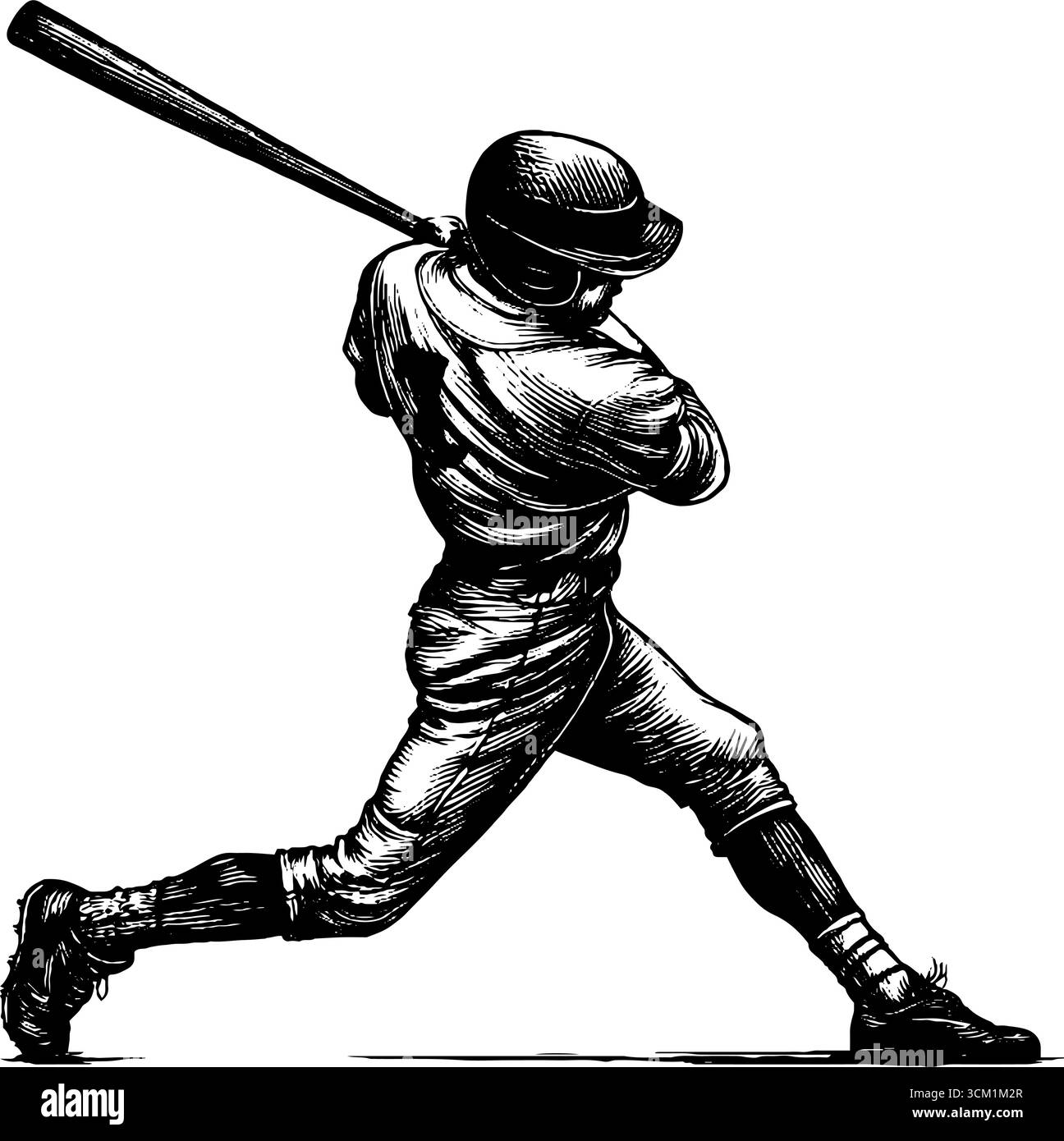 Engraved illustration of baseball player swinging - retro sports art ...