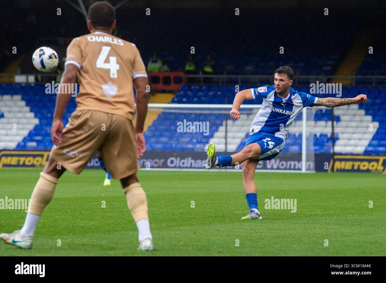 Boundary Park, Oldham, UK. 13th Sep, 2025. Jamie Robson (24 Oldham ...