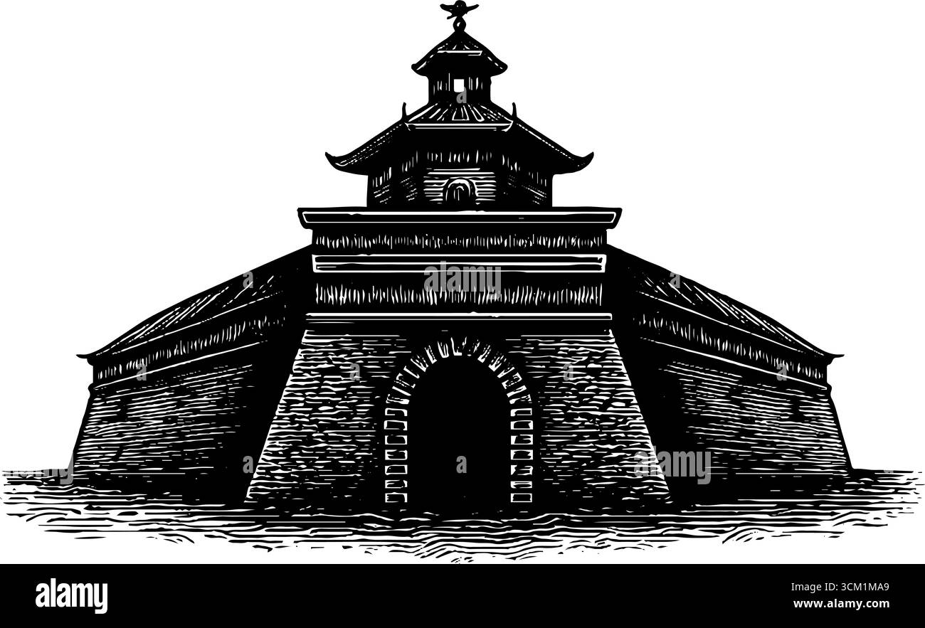 Vintage fortress wall engraving with tower silhouette for historical ...