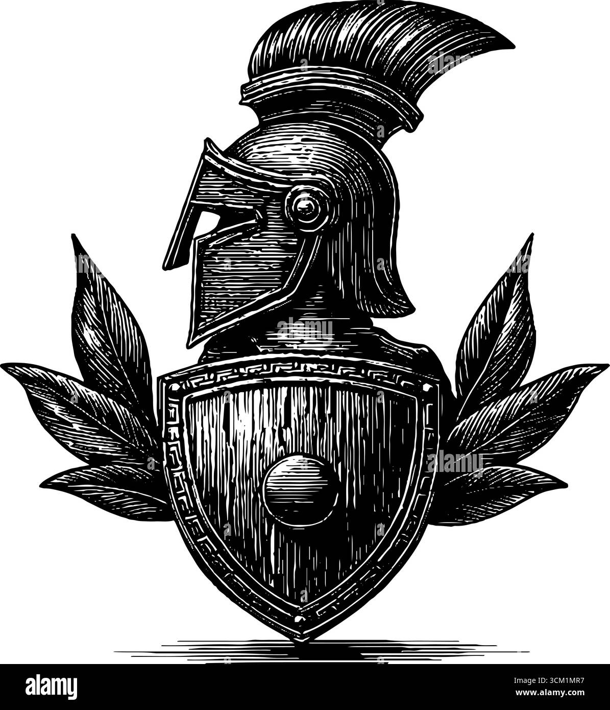 Vintage engraving of knight helmet and shield with laurel leaves for ...