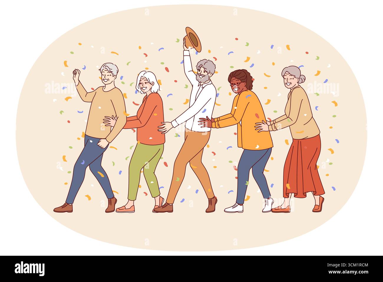 Party of elderly people dancing and standing in row, enjoying ...