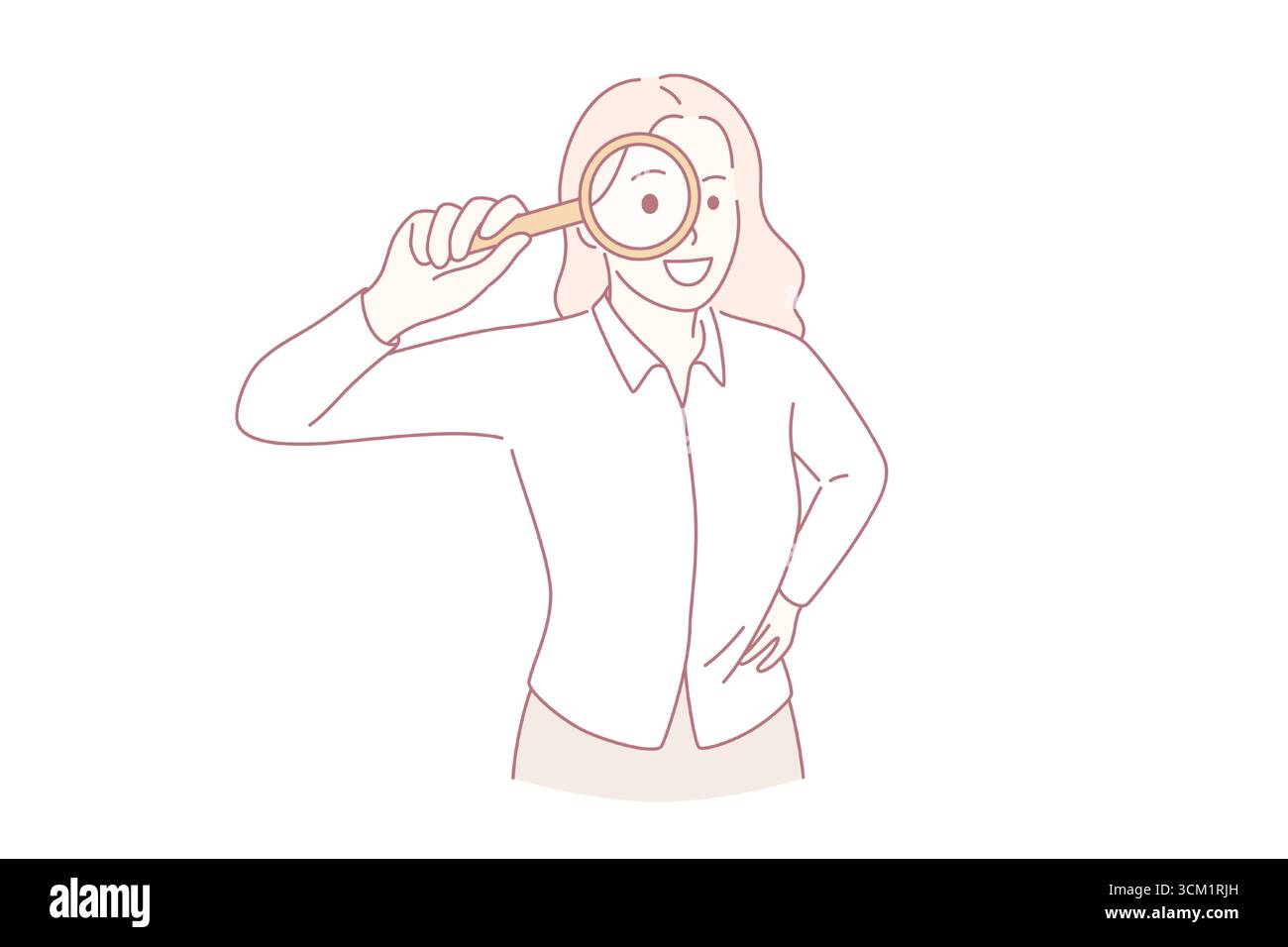 Searching investigation and research concept. Young smiling woman cartoon character standing ...