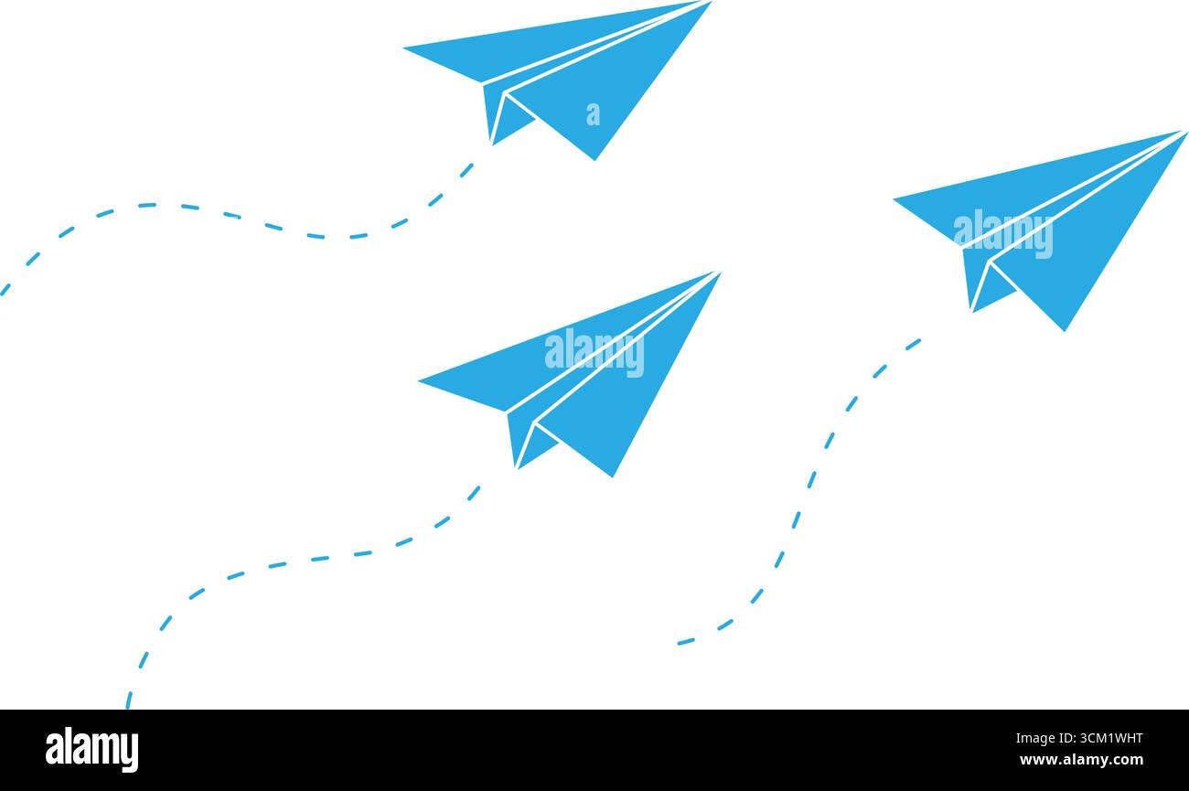 Bright blue paper airplanes flying with dashed paths. Vector of playful ...
