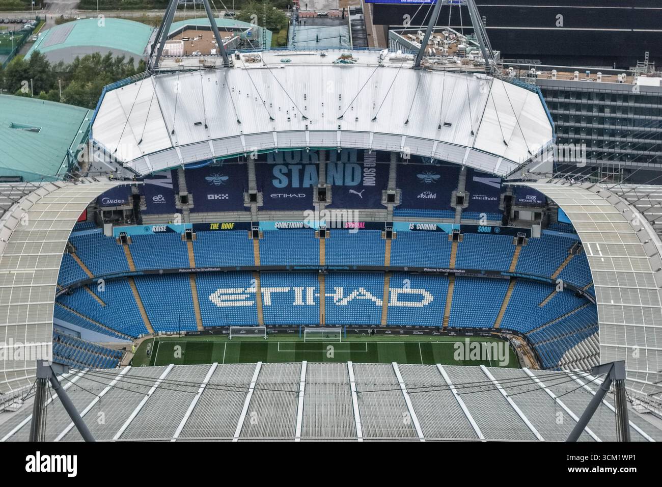 An aerial view of the Etihad Stadium and the new North Stand extension ...