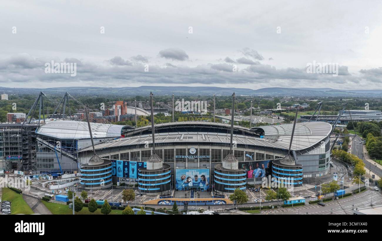 An aerial view of the Etihad Stadium and the new North Stand extension ...