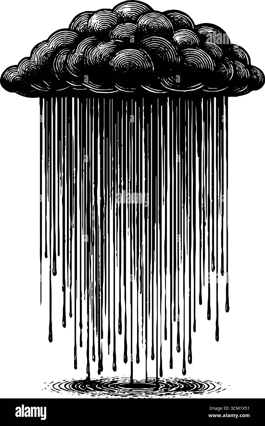 Hand drawn engraved illustration of heavy rain cloud dripping raindrops ...