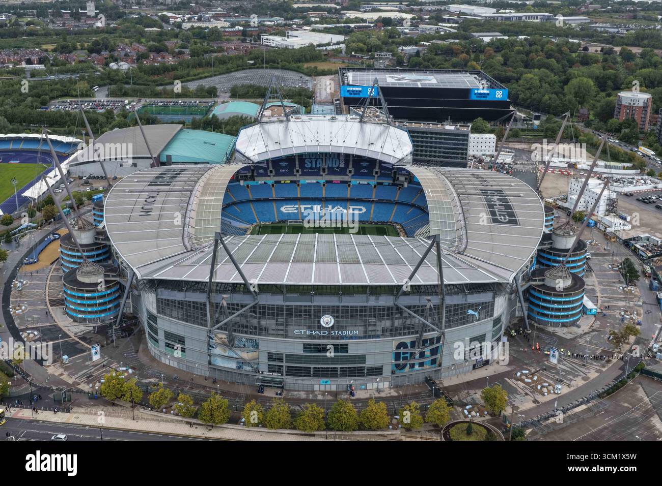 An aerial view of the Etihad Stadium and the new North Stand extension ...
