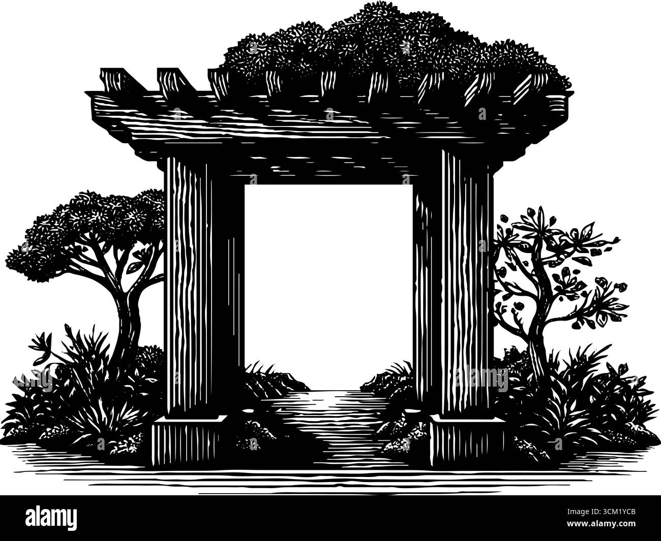 Vintage engraving of a garden pergola with lush foliage - retro design ...