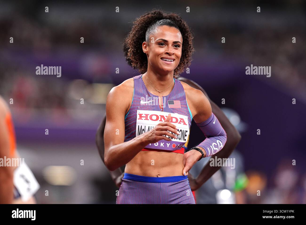Sydney McLaughlin-Levrone of USA after finishing first in heat 3 of the Women's 400 Metres on ...