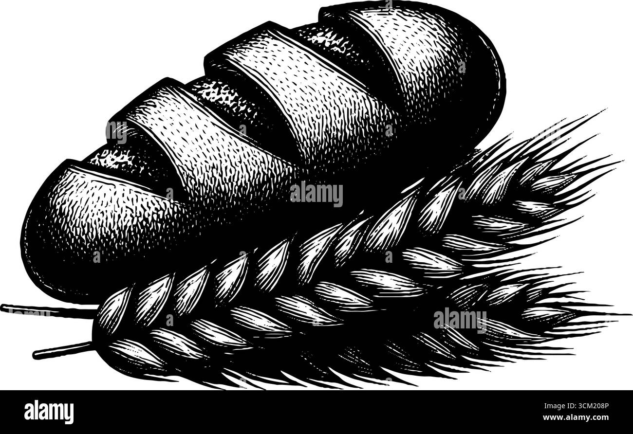 Vintage engraved illustration of multigrain bread with wheat for design ...