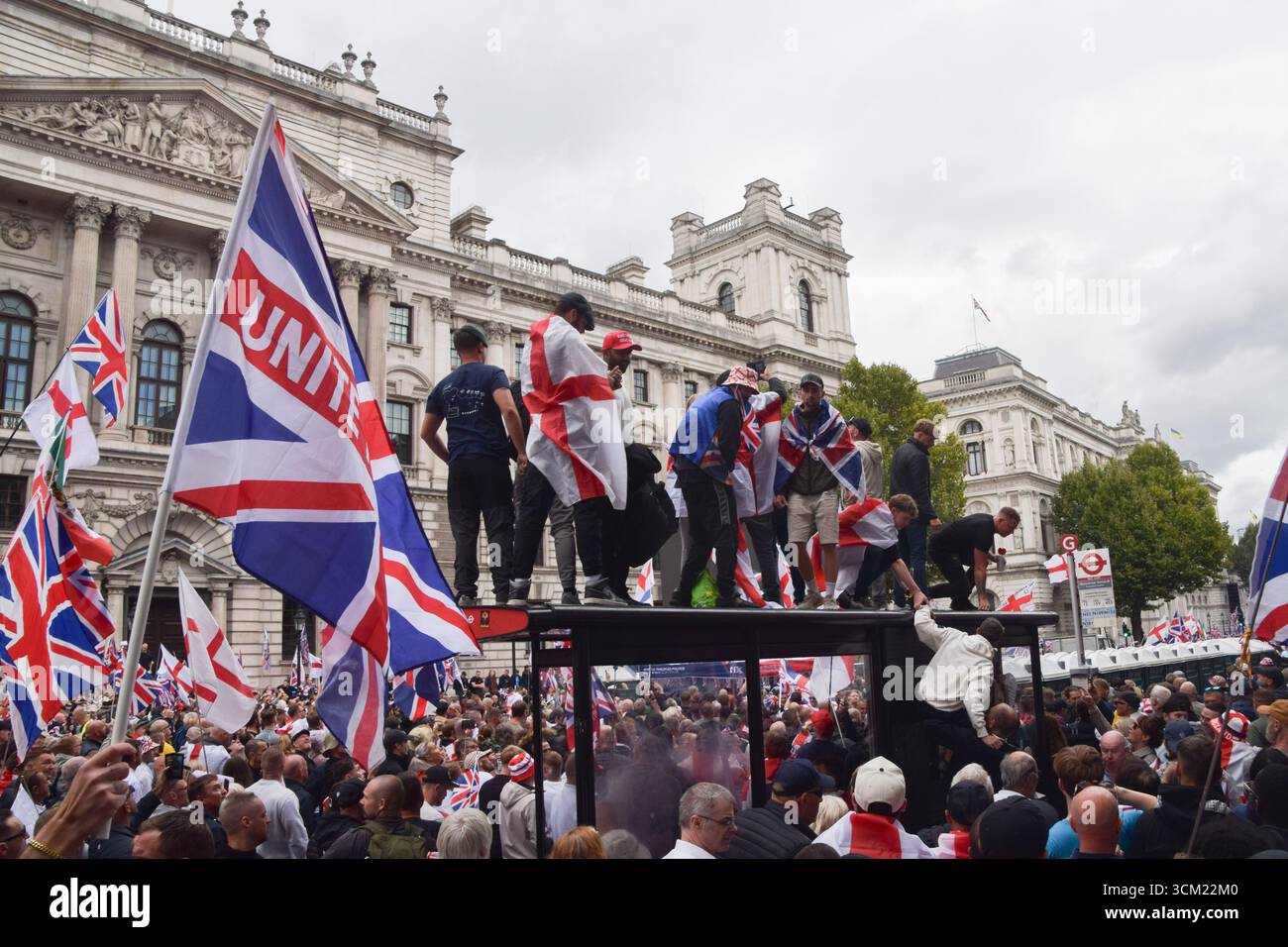 London, UK. 13th September 2025. Far-right protesters pack Whitehall ...