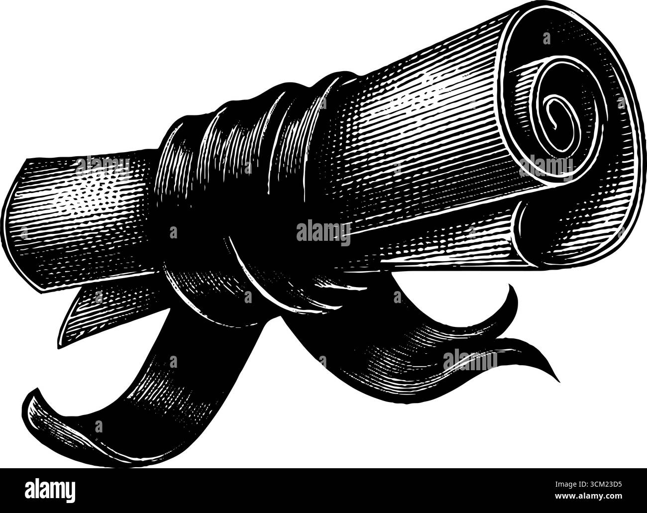 Vintage engraving of a rolled paper scroll with ribbon - retro design ...