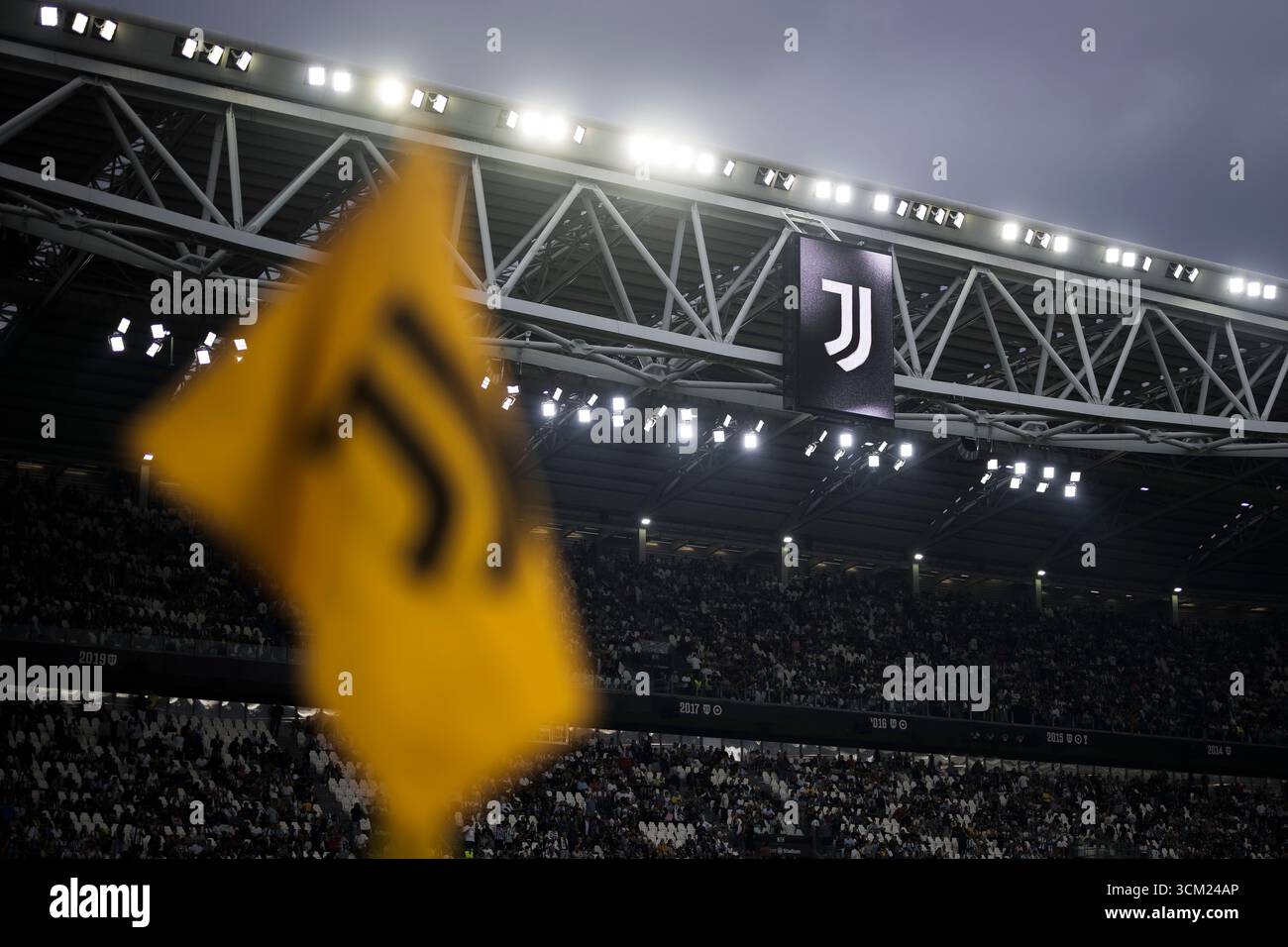 A general view shows the Allianz Stadium and a corner flag bearing the ...
