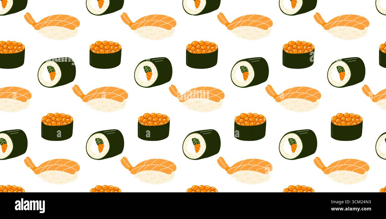 Colorful sushi illustrations show a variety of sushi rolls, sashimi ...