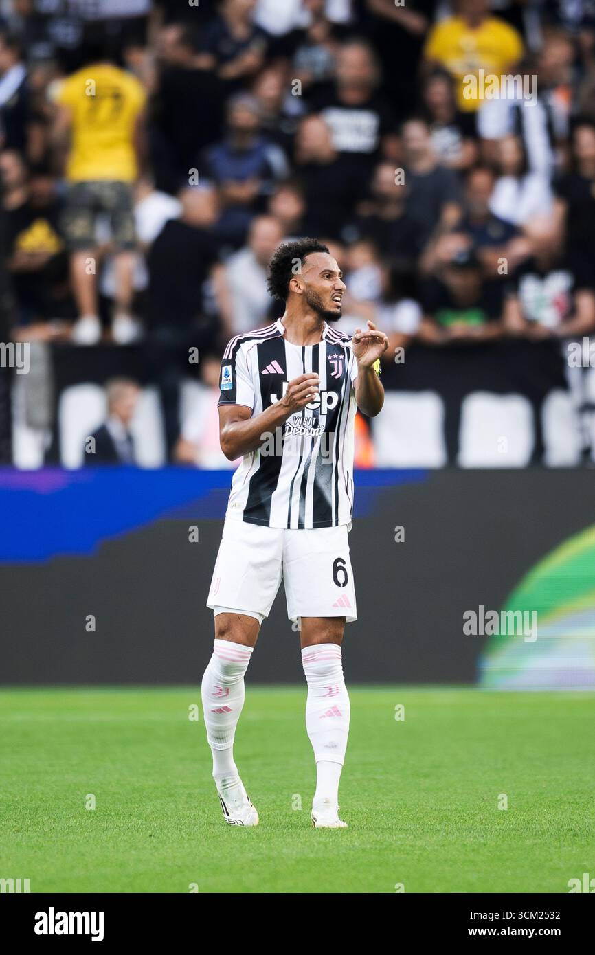 Lloyd Kelly of Juventus FC gestures during the Serie A football match ...