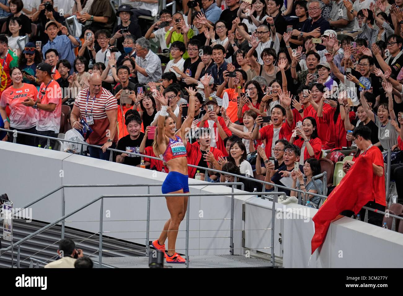 United States' Valarie Allman waves hands towards audience members ...