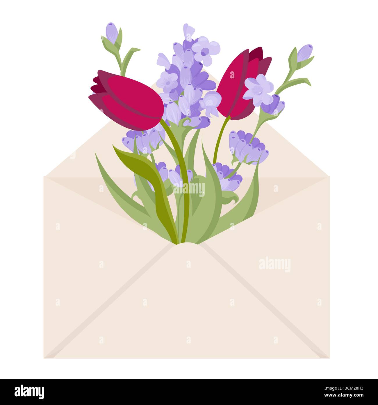 Bouquet of tulips and lovanda in an envelope. Vector illustration ...