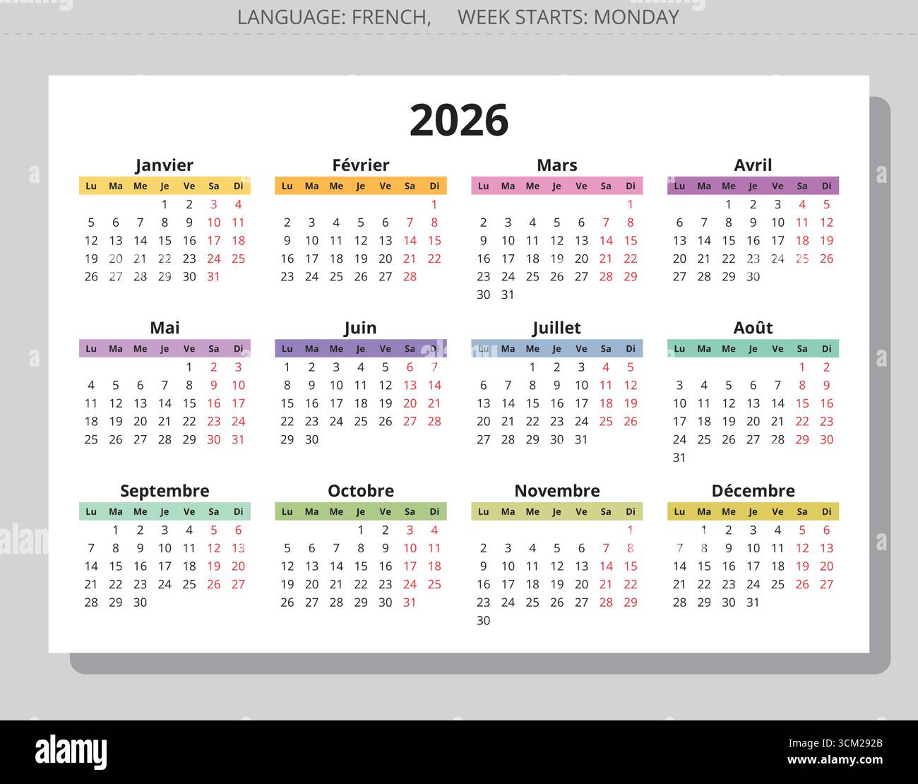 2026 french modern calendar. Vector illustration for France with color ...