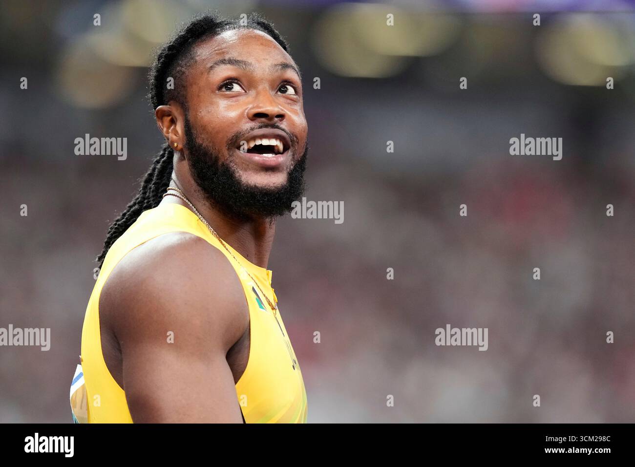 Jamaica's Kishane Thompson reacts after competing in the men's 100 ...