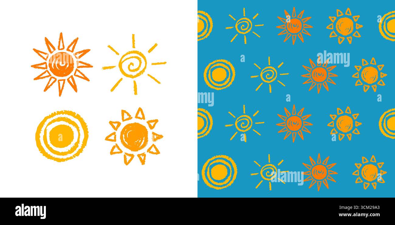 Sun with grungy effect icon set and seamless pattern. Drawn paintbrush ...