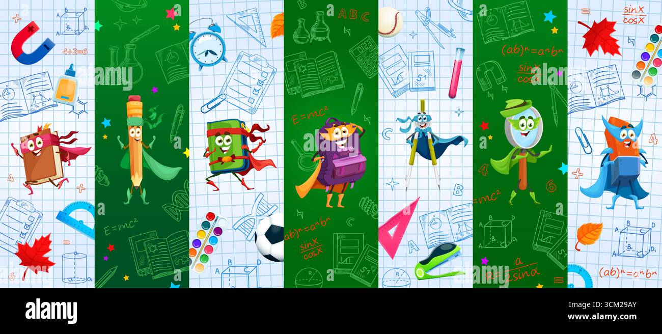 Cartoon school books and stationery superhero characters collage with ...
