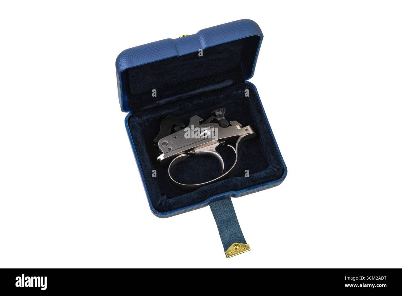 A metallic-silver firearm trigger mechanism sits in an open blue, felt ...