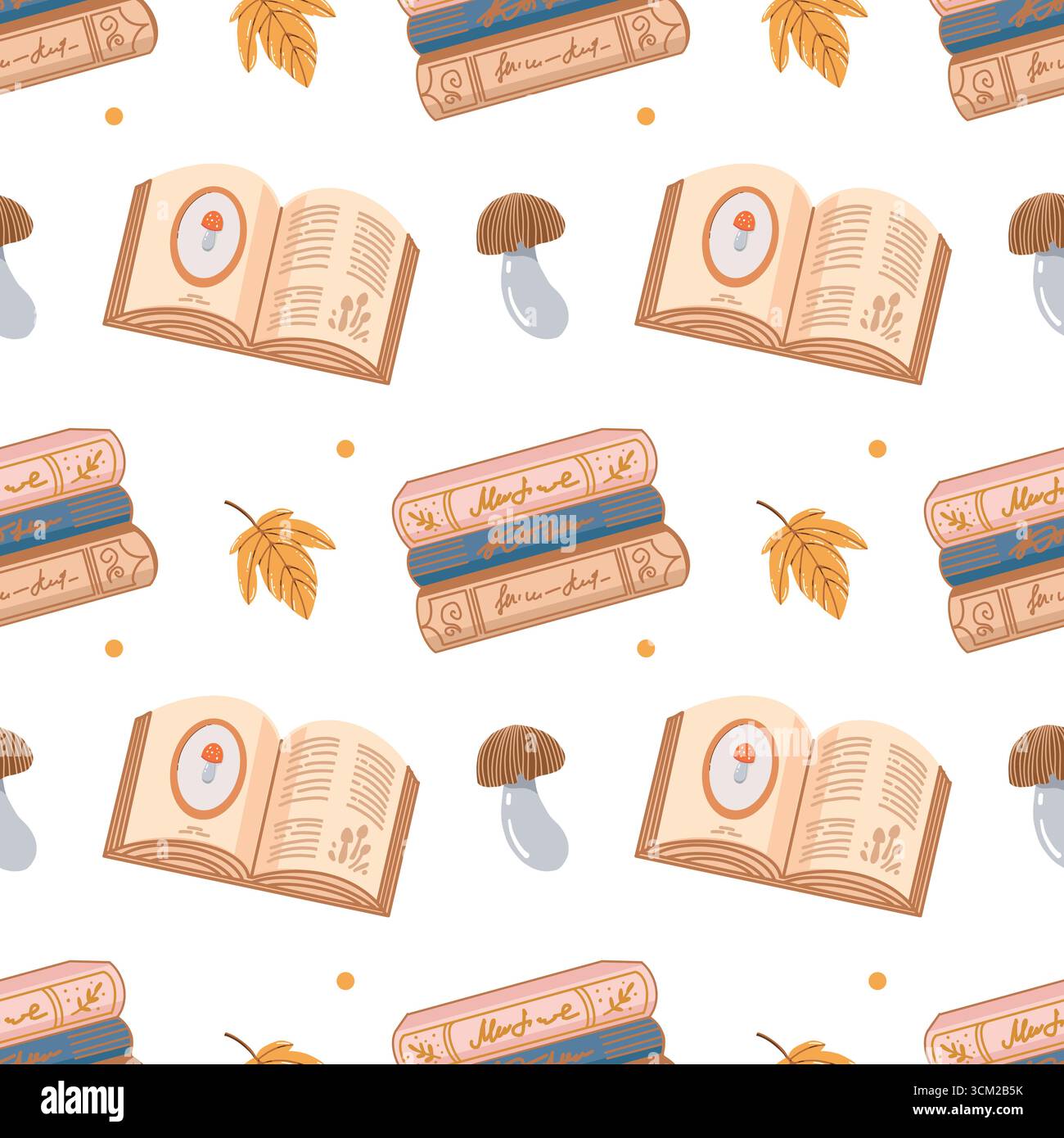 Vector seamless pattern with books, mushrooms and autumn leaves. Fall ...