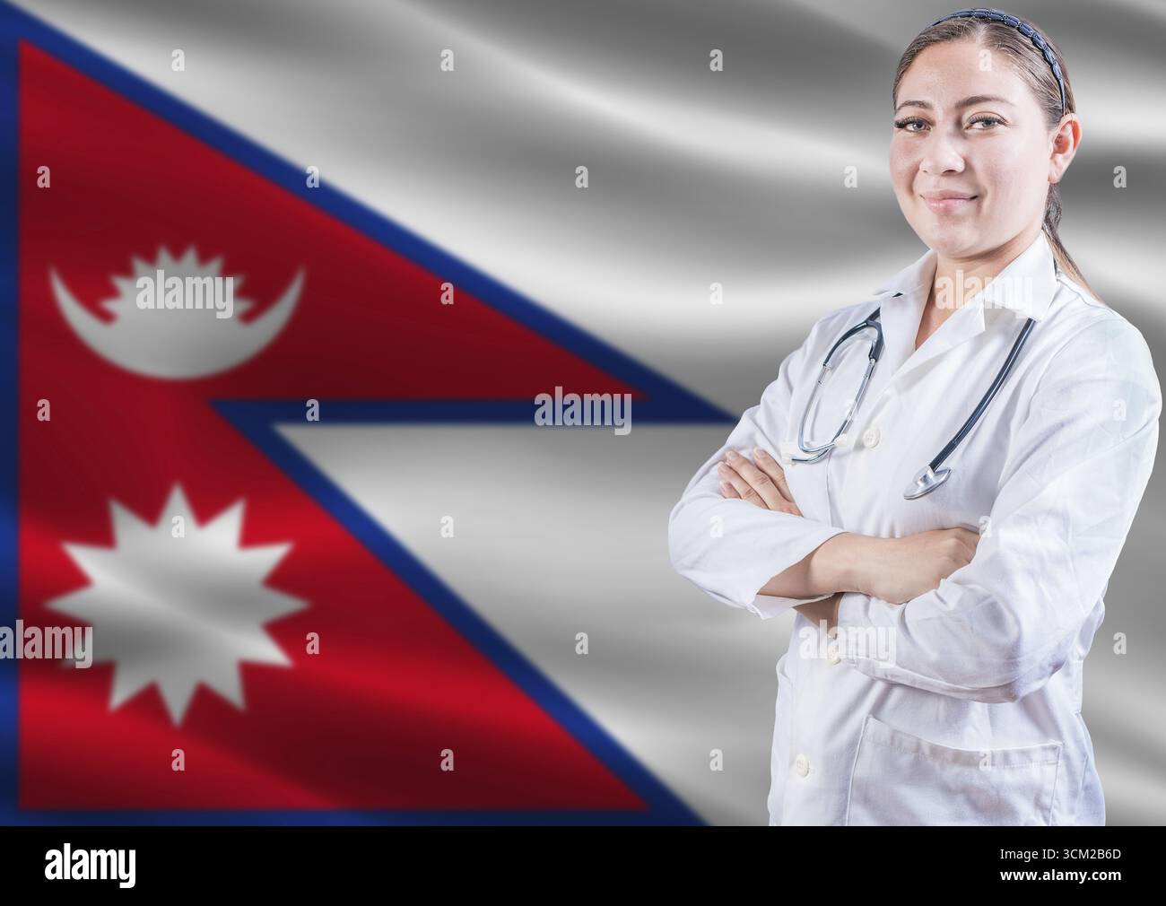 Female doctor on Nepal flag. Doctor with crossed arms on Nepal flag ...