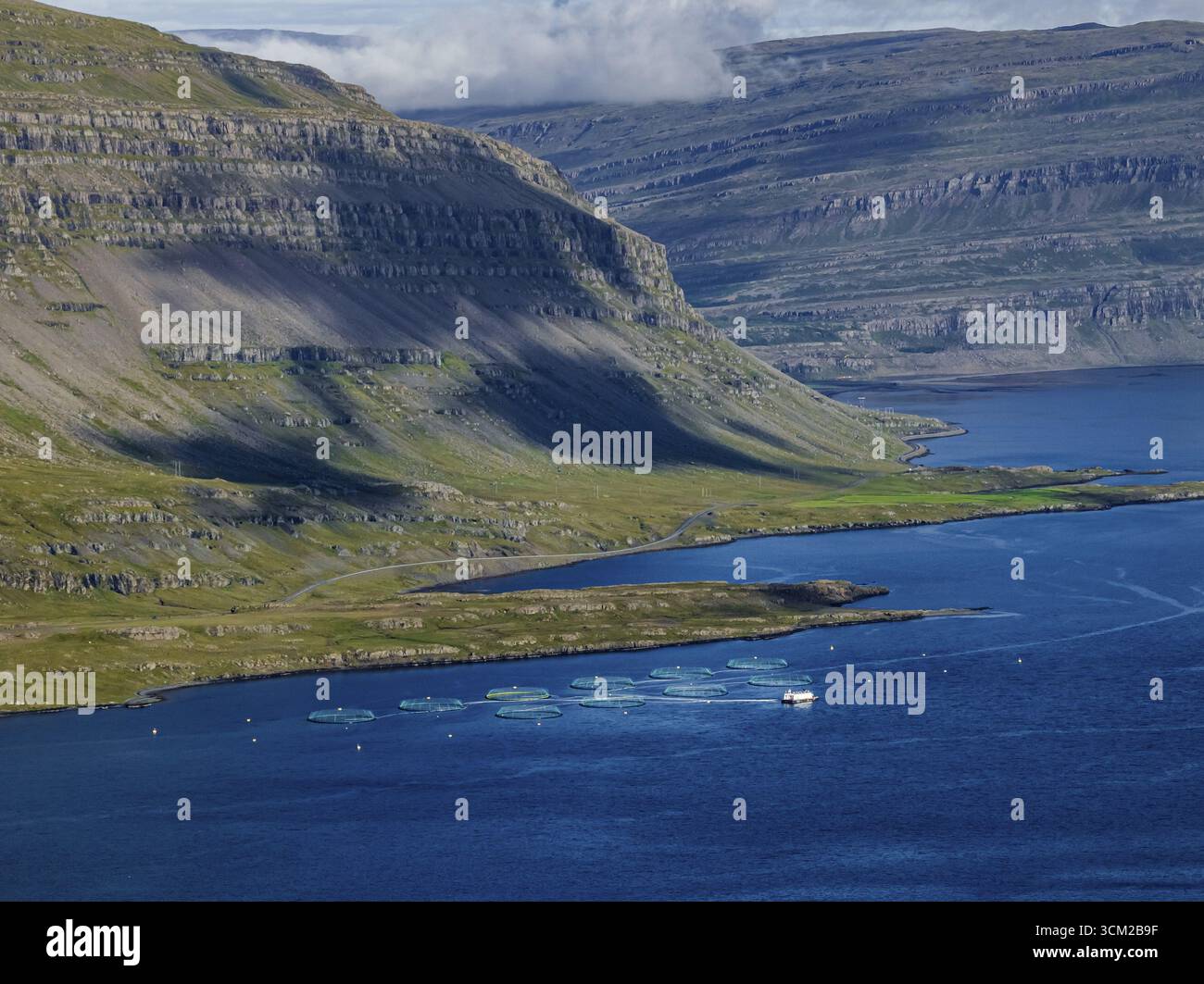 Mountains, fjord, coast, summer, aerial view, fish farm, salmon farm ...