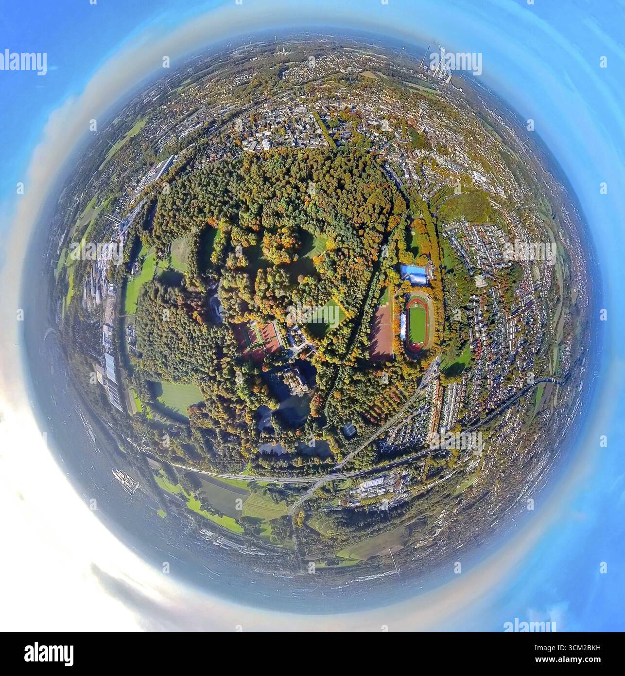 Aerial photo, moated castle Wittringen, autumn colours, fisheye shot ...